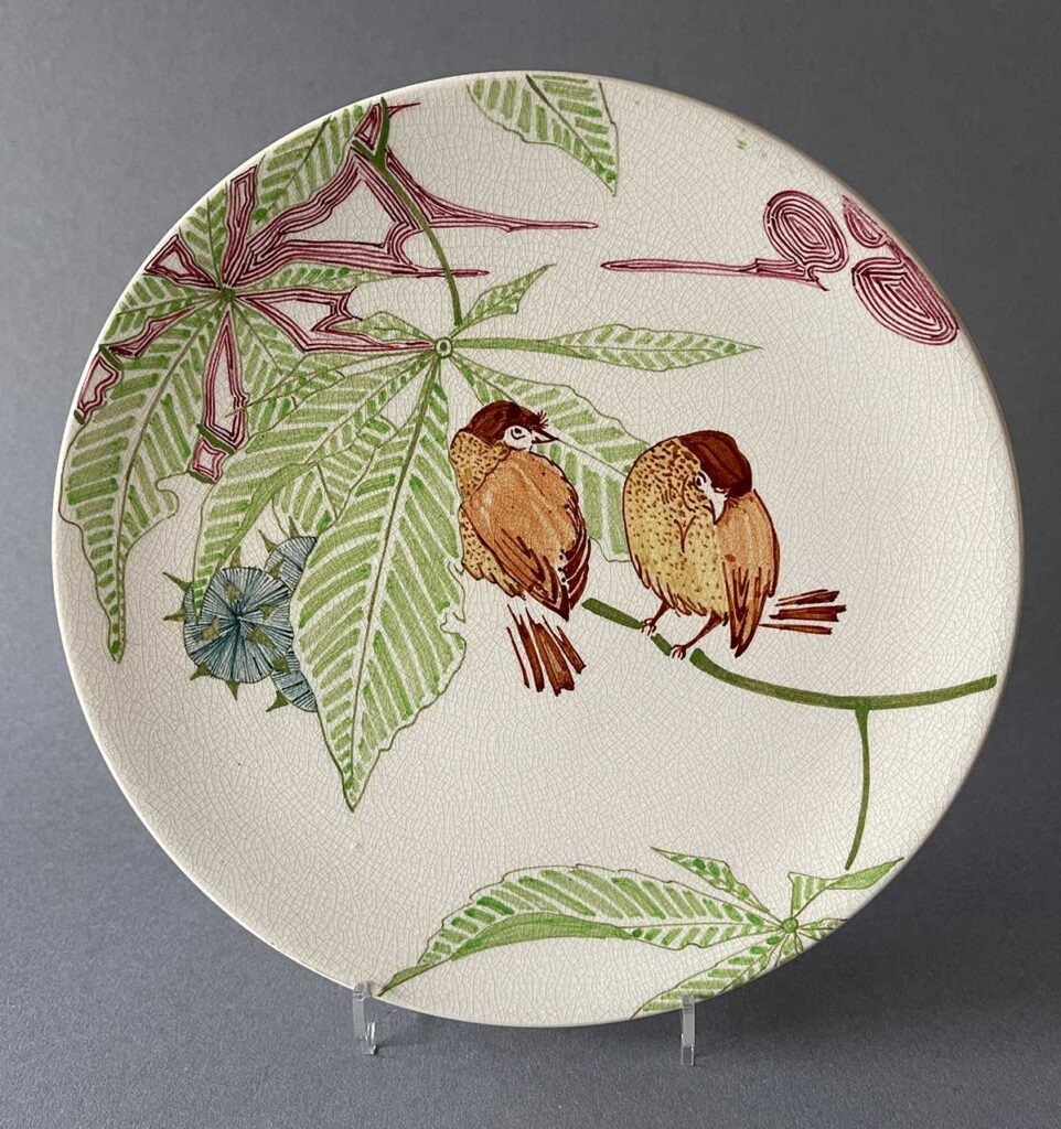 Gouda plateel wandbord, model 3 met 2 vogeltjes door Frederika Delchambre - Art Nouveau Plateel