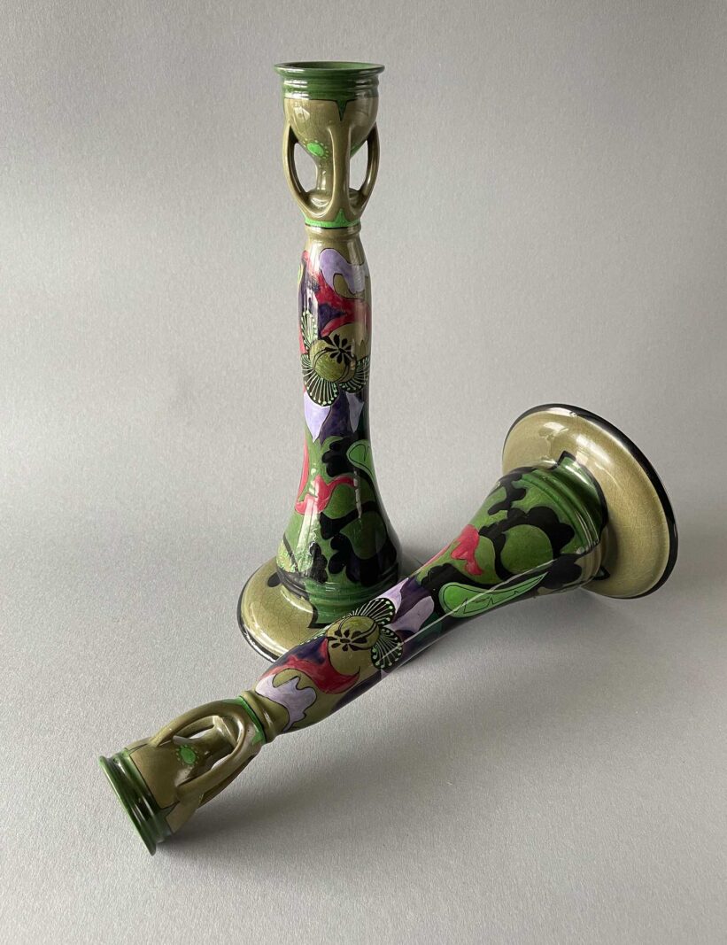 Gouda pottery pair of candle sticks, painted by Johannes Hartgring ...